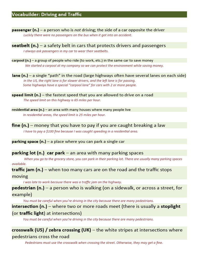 Driving and Traffic - Vocabulary | PDF | Traffic | Pedestrian Crossing