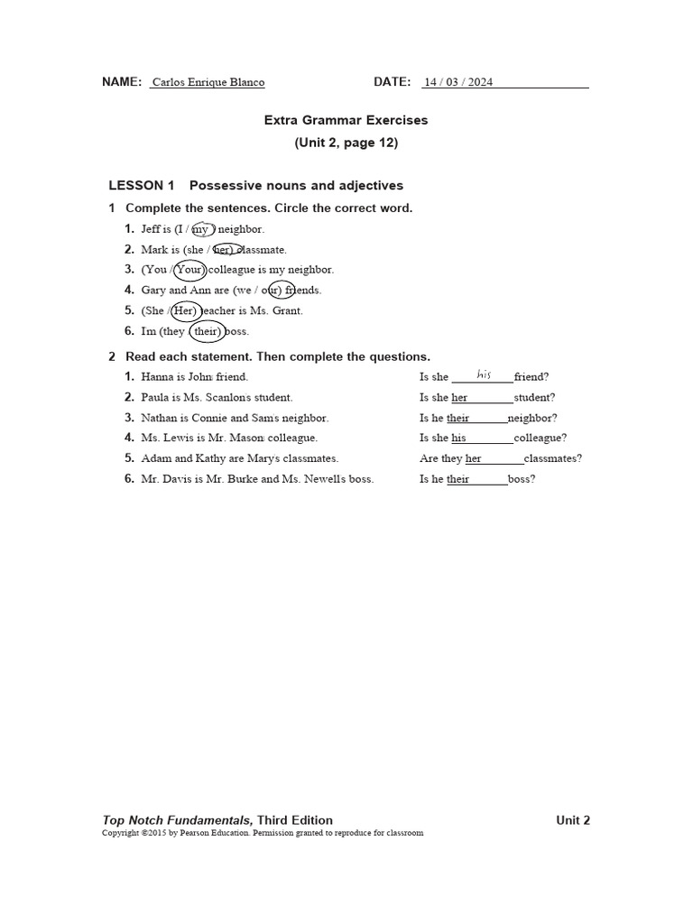 Possessive Adjectives Grammar Exercises (Carlos Blanco) | PDF | Language Mechanics | Linguistics