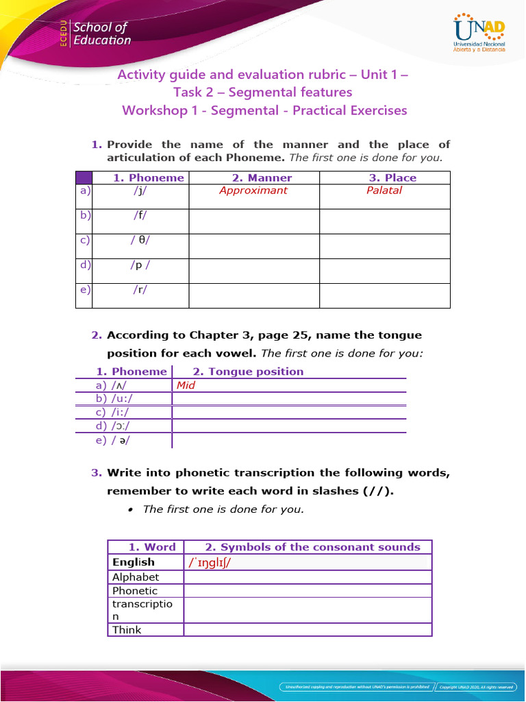 Anexo 1 - Workshop 1 - Segmental - Practical Exercises | PDF | Languages | Foreign Language Studies