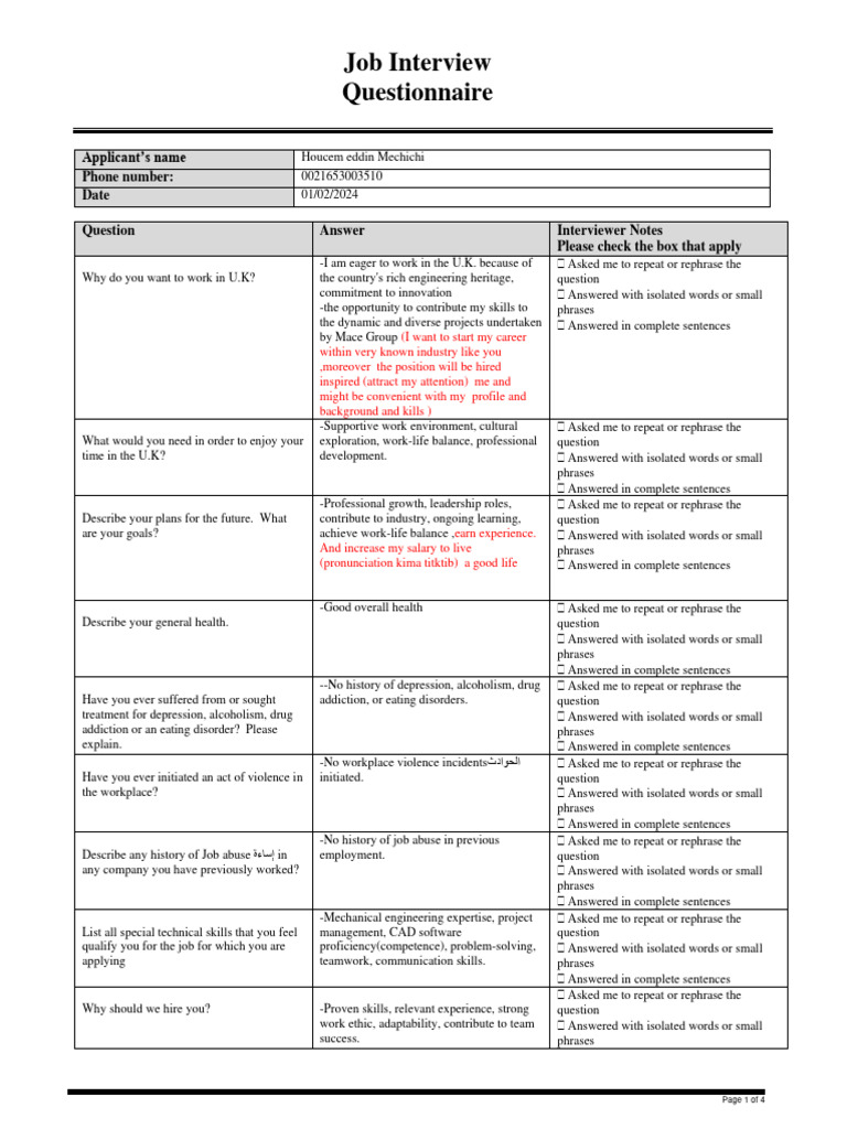 Job Interview Questionnaire Analysis | PDF | Substance Abuse | Job ...