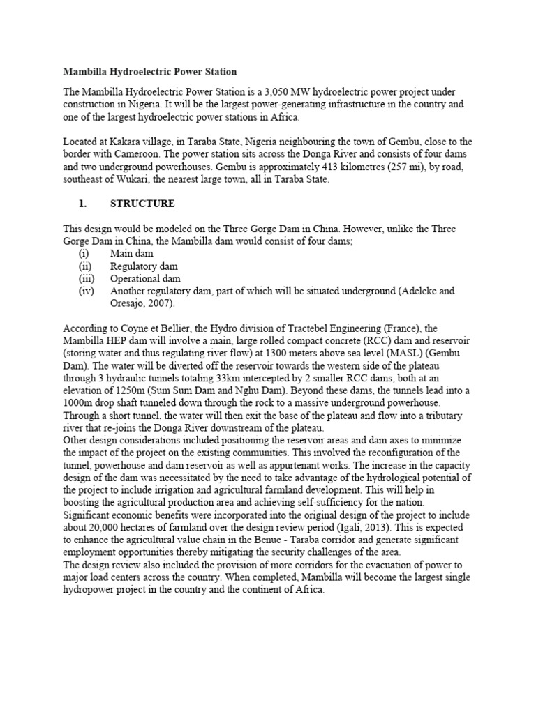 Mambilla Hydroelectric Power Project Overview | PDF | Economies | Hydrology
