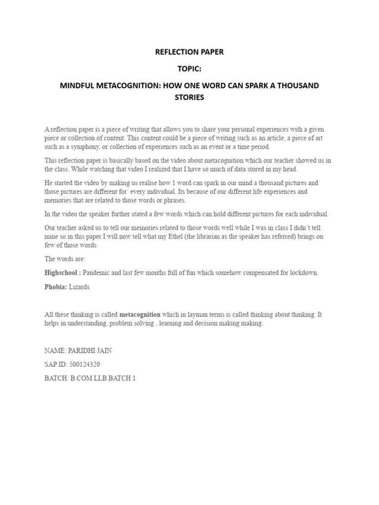 Reflection Paper On Metacognition | PDF