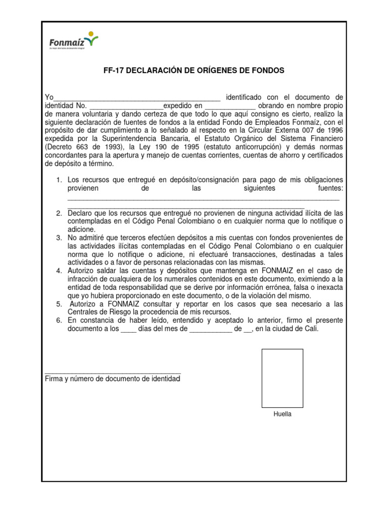 FF 17 Formato Declaracion Origen de Fondos 1 | PDF | Ciencias sociales