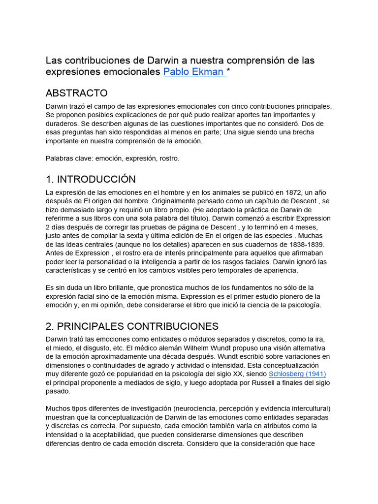 Pablo Ekman, Contribuciones de Darwin | PDF | Las emociones | Charles ...