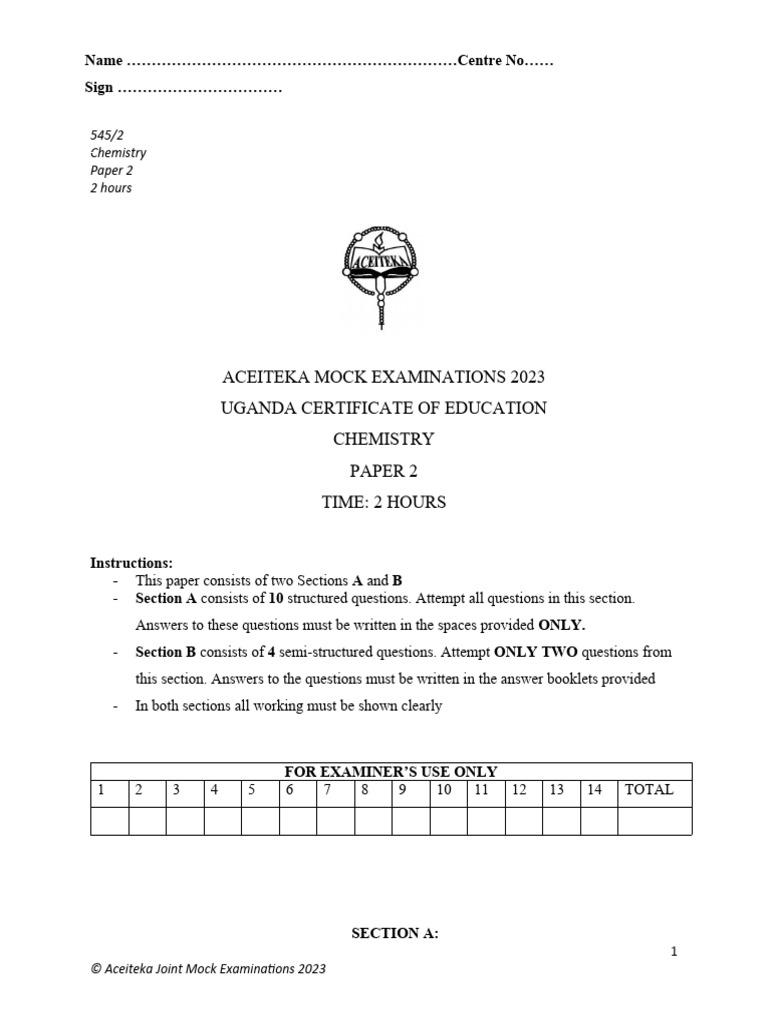 S4 Aceiteka 2023 Chemistry P2 | PDF | Chlorine | Hydroxide