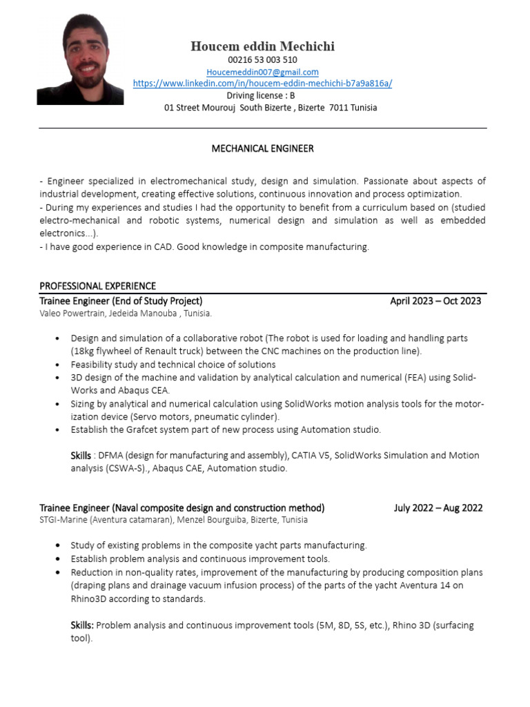 CV Resume Houcem Eddin MECHICHI | PDF | Mechanical Engineering | Simulation