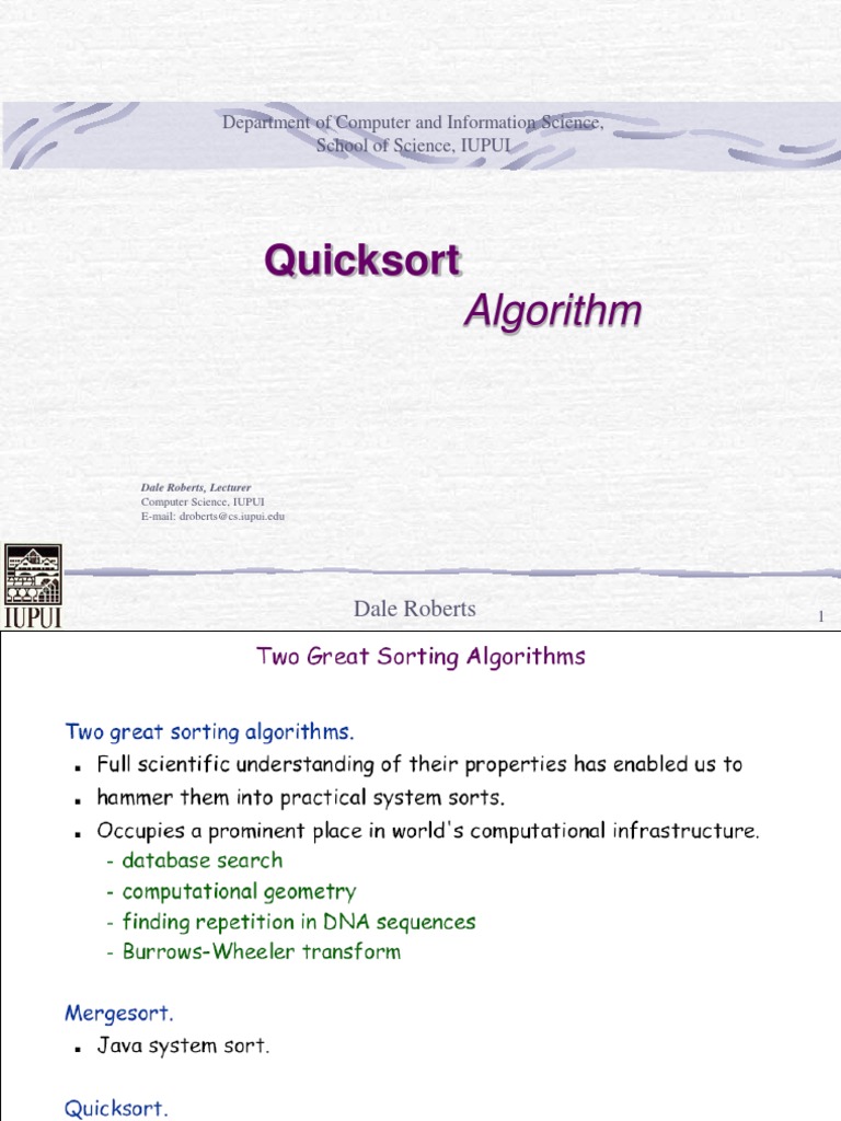 Quicksort Algorithm Department Of Computer And Information Science School Of Science Iupui