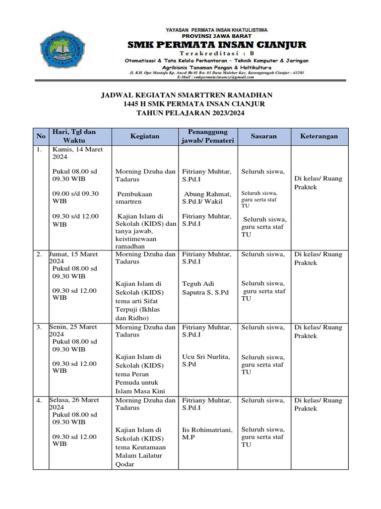 Jadwal Kegiatan Smarttren Ramadhan 1445 H | PDF