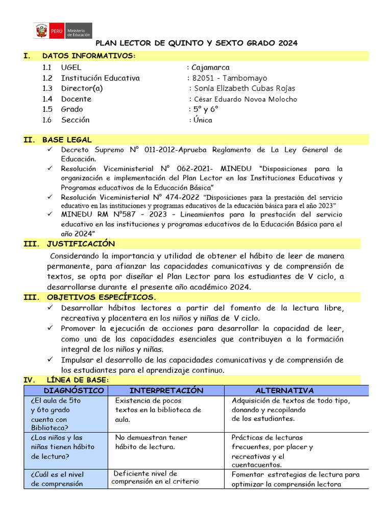 Plan Lector-2024-Jezabel Camargo-Único Contacto 978387435 | PDF | Educación primaria | Maestros