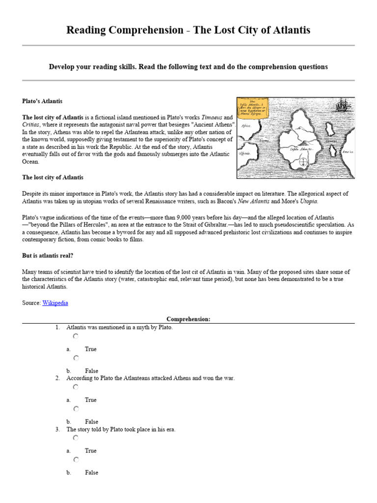 English Reading Comprehension - The Lost Cyty of Atlantis | PDF