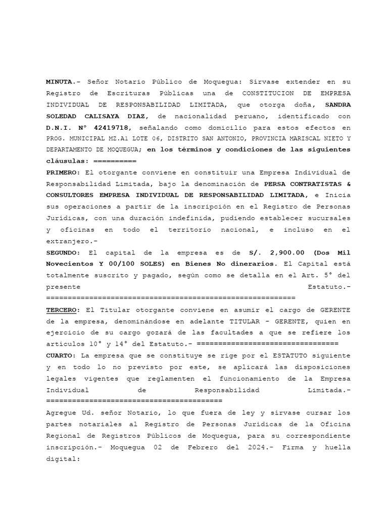 Modelo Constitucion de Empresa Eirl | PDF | Bancos | Ley procesal