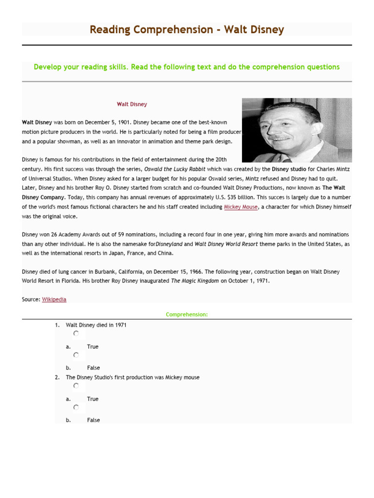English Reading Comprehension - Walt Disney | PDF | Art