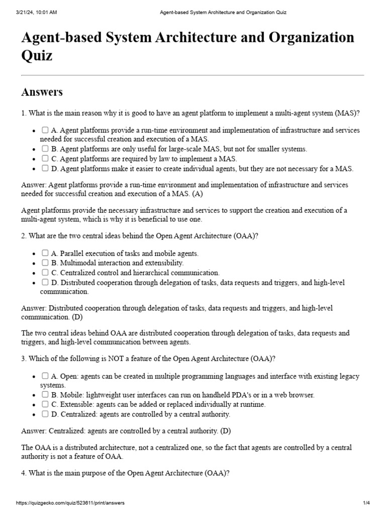 Agent-Based System Architecture and Organization Quiz | PDF | Object ... Agent-Based System Architecture and Organization Quiz | PDF | Object ...