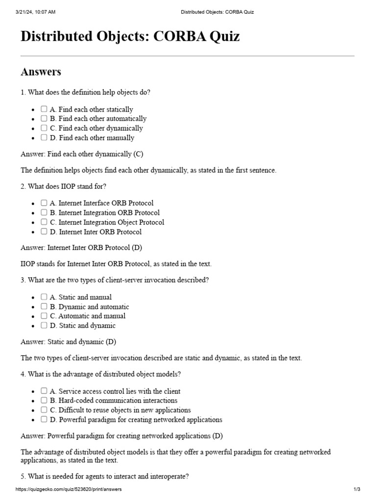 Distributed Objects - CORBA Quiz | PDF | Common Object Request Broker Architecture | Object ...