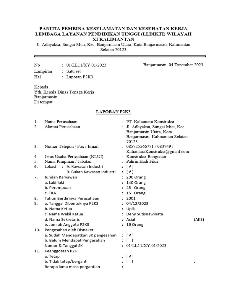 Laporan dan Rekomendasi P2K3 2023 | PDF