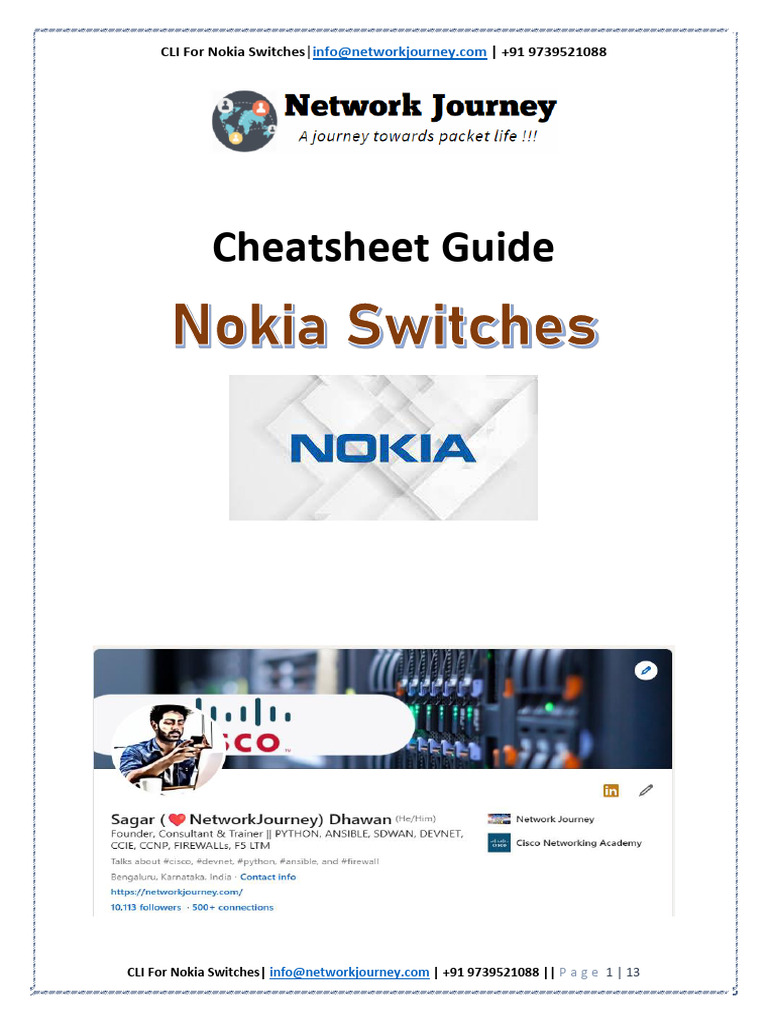 Cheatsheet Guide: CLI For Nokia Switches - +91 9739521088 | PDF | Ip Address | Router (Computing)