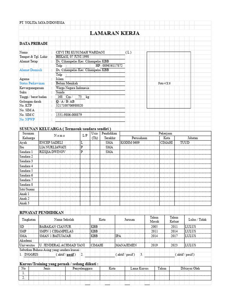 Form Lamaran Kerja - Cevi Tri Kusumah Wardani | PDF
