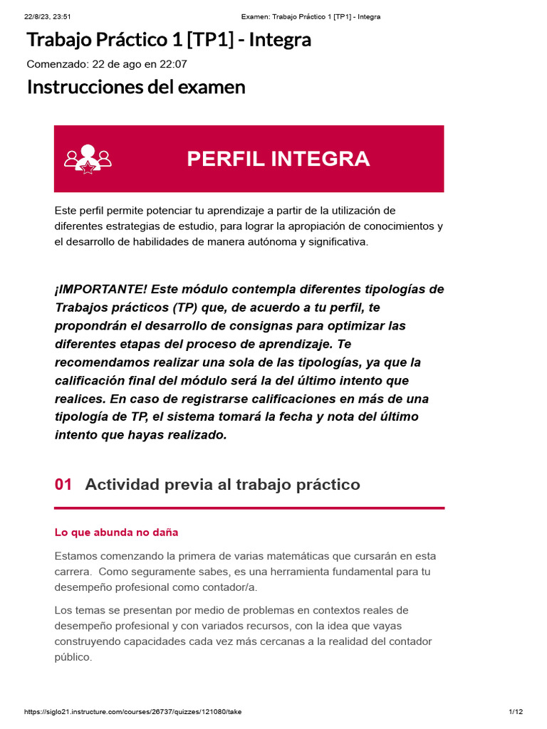 Examen Trabajo Práctico 1 Tp1 Integra Descargar Gratis Pdf