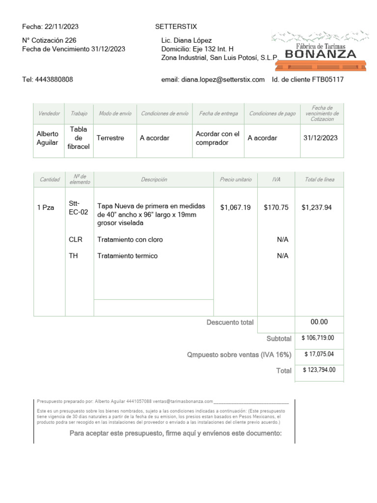 Cotizacion 226 Setterstix - Fibracel | PDF