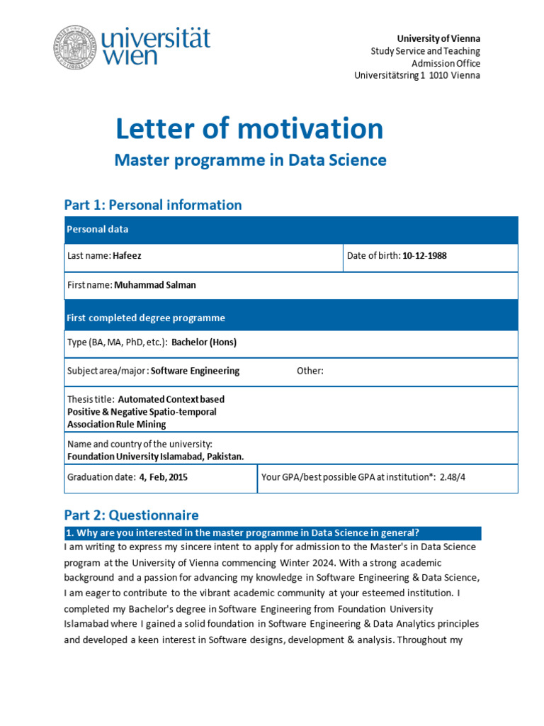 Master's in Data Science Motivation Letter | PDF | Data Science | Traffic