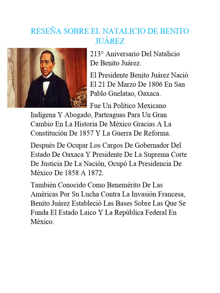 Reseña Sobre El Natalicio de Benito Juárez | PDF