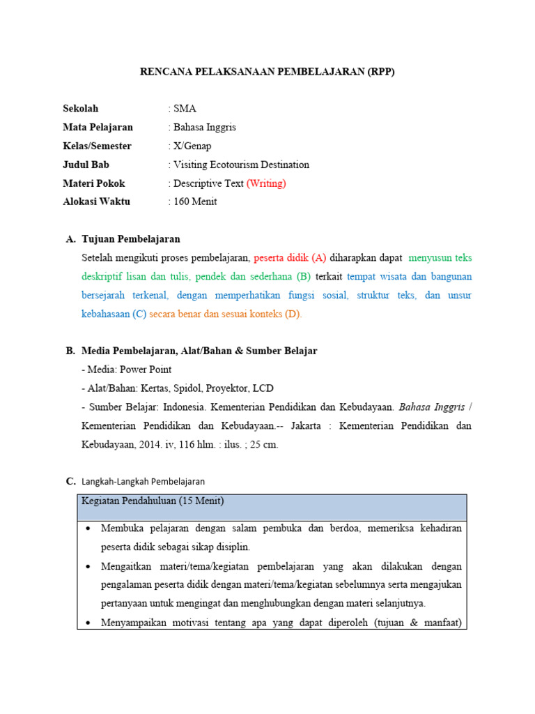 RPP Micro Teaching (4) Writing - Descriptive Text | PDF