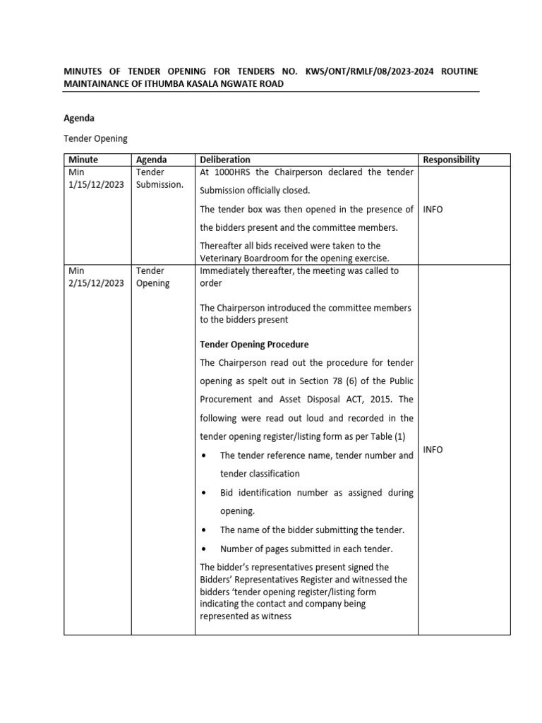 Minutes of Tender Opening For Roads Tenders | PDF | Revenue | Auction ...