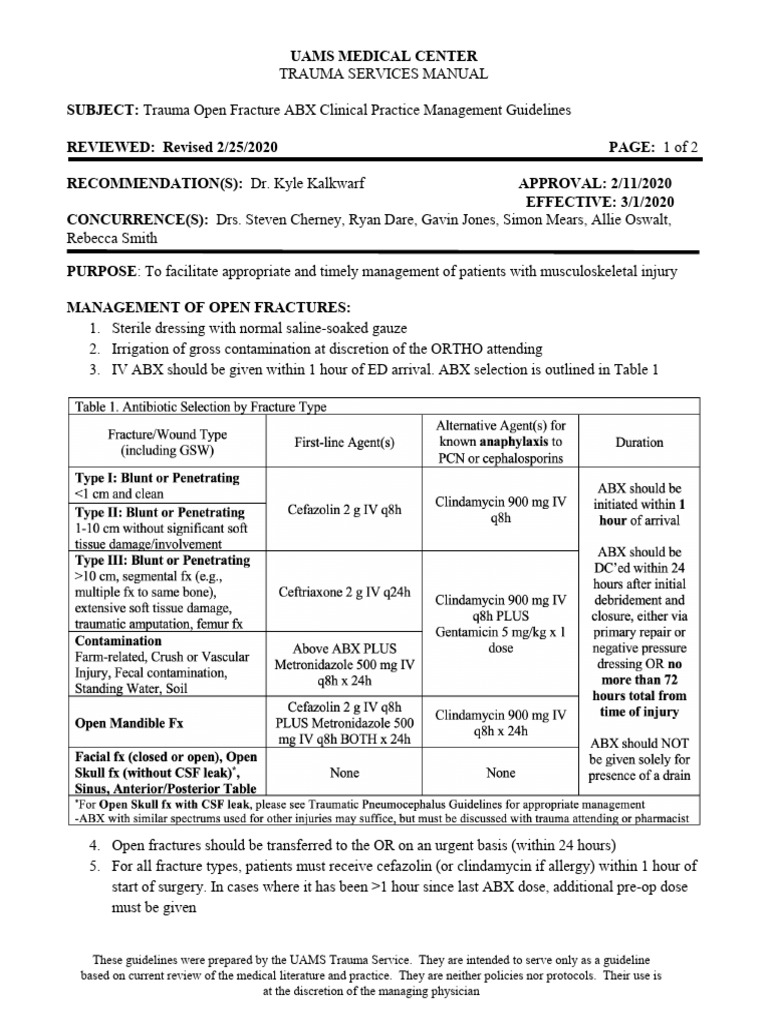 Trauma Open Fracture ABX Clinical Practice Management Guidelines | PDF ...
