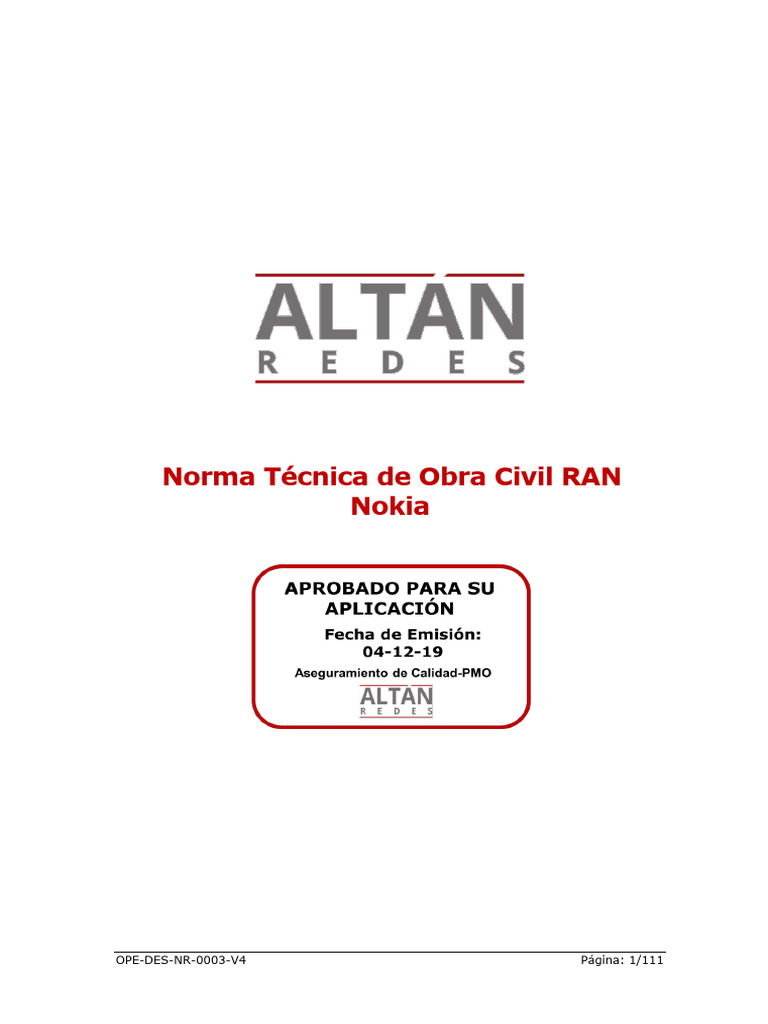 OPE-DeS-NR-0003-V4 Norma Tecnica Obra Civil RAN Nokia | PDF | Calidad ...