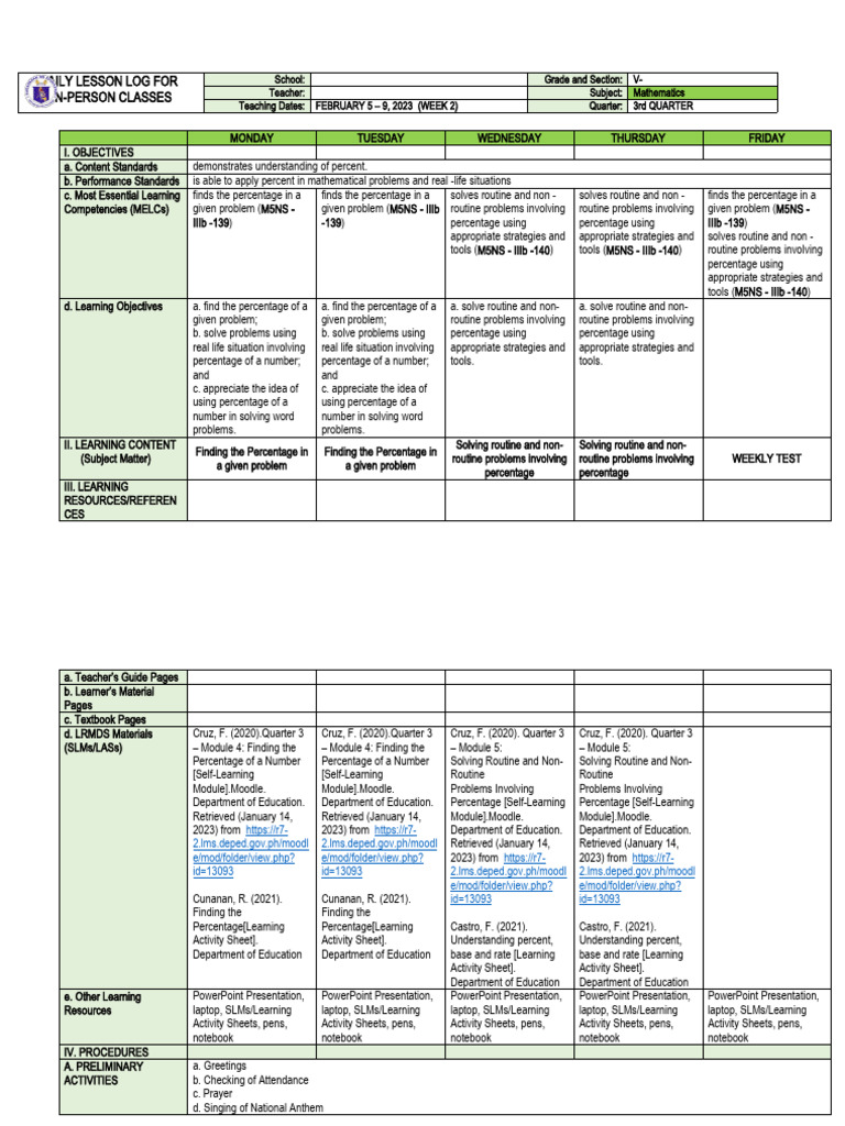 DLL Grade 5 Q3W2 Math Fil Eng Scie Ap Mapeh Esp | PDF | Percentage ...
