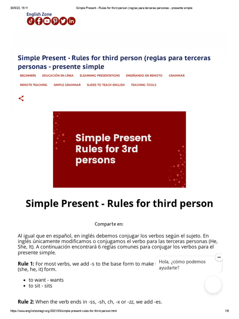 Simple Present - Rules For Third Person (Reglas para Terceras Personas - Presente Simple | PDF ...