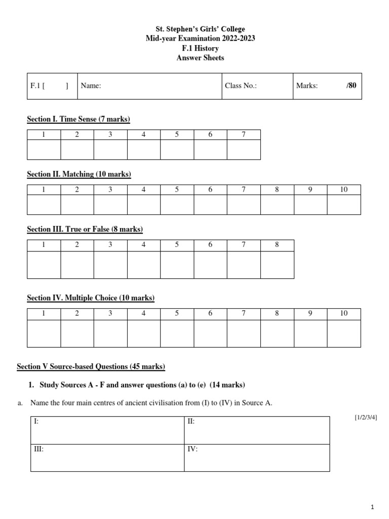 HIST 2022-2023 Term 1 F1 Answer Sheet | PDF | Mycenaean Greece