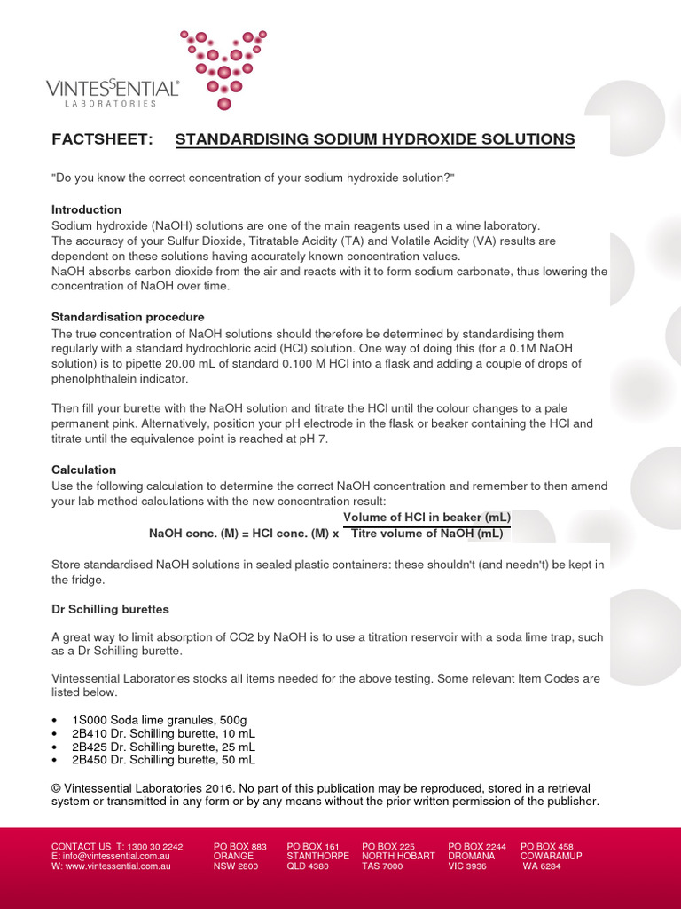 Standardisation of Sodium Hydroxide Fact Sheet | PDF | Titration ...