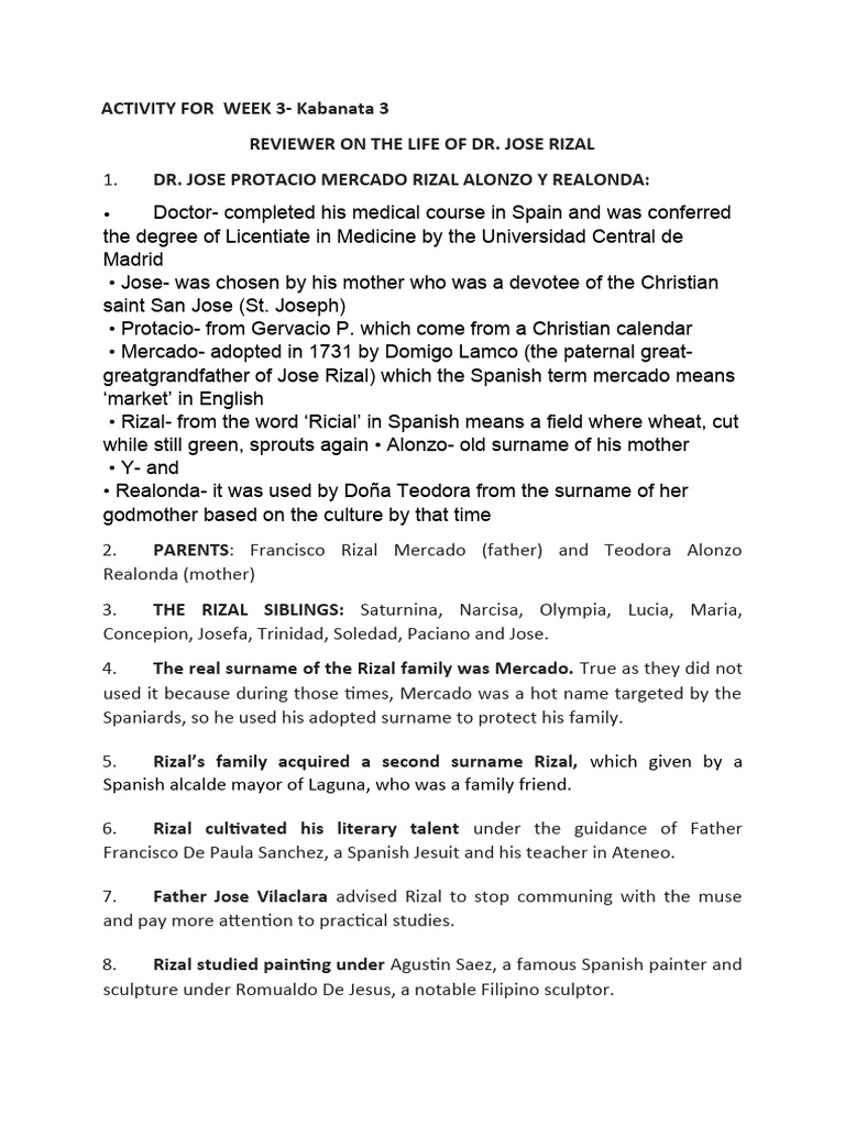 Kabanata 3 Reviewer Life of DR Jose Rizal Activity 3 Draw A Family Tree 25 Points | PDF