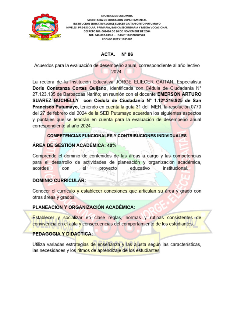 Acta de Acuerdo - Emerson Suarez Ok | PDF | Plan de estudios | Evaluación