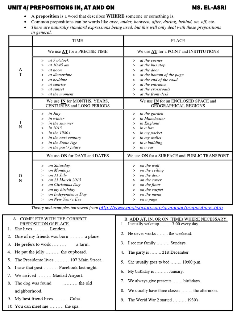 prepositions-of-time-and-place-in-on-at worksheet | PDF