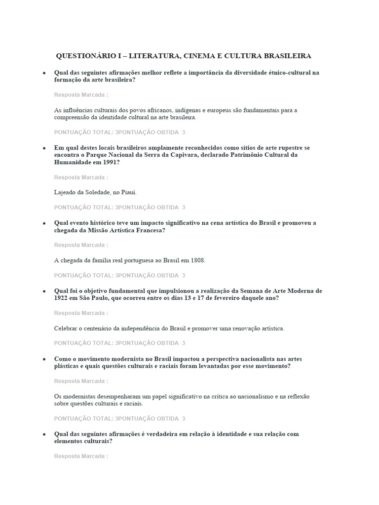 Questionário I - Literatura, Cinema e Cultura Brasileira | PDF | Brasil | Brasileiros
