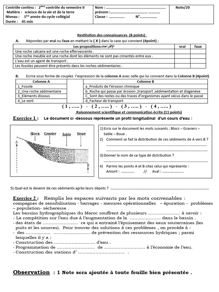 Contrôle SVT 1AC Semestre 2 | PDF | Roche sédimentaire | Sédiment