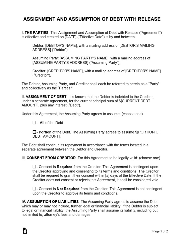 Debt Assignment and Assumption With Release | PDF | Debt | Debtor