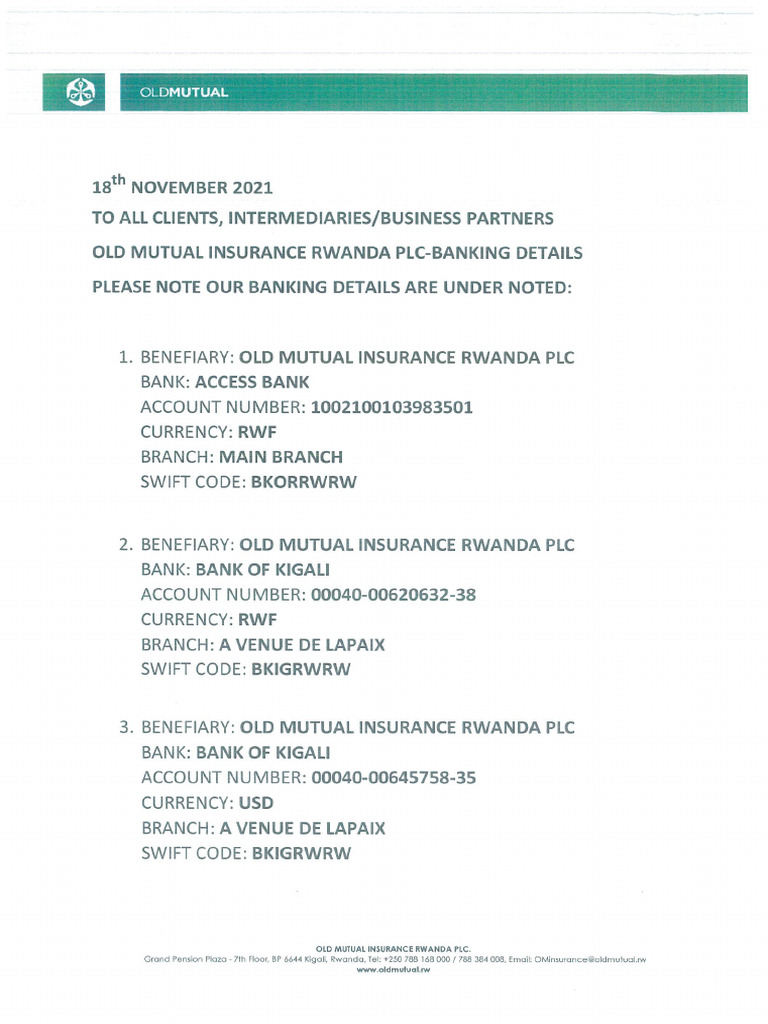 Updated Bank Details-old Mutual Insurance Rwanda Plc | PDF
