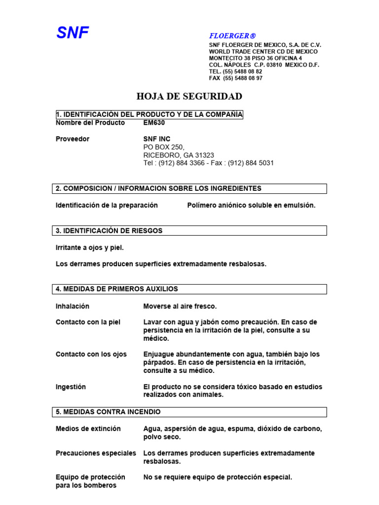 Polimero Anionico (MSDS) | PDF | Agua | Química