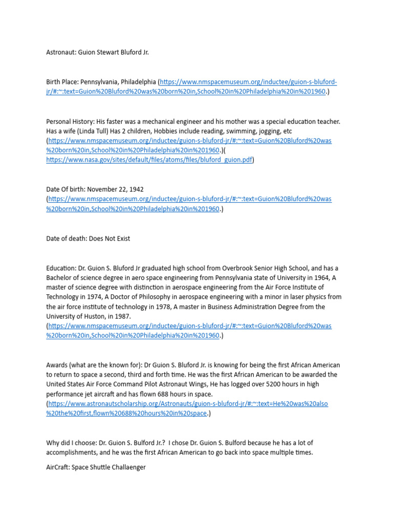 Dr. Guion Steward Bluford Jr. - Information | PDF | Nasa Programs ...