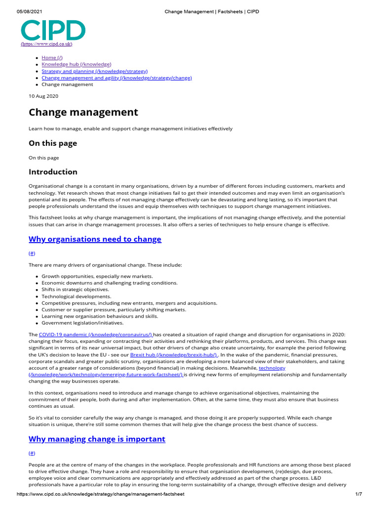 Factsheet - Change Management CIPD | PDF | Change Management ...
