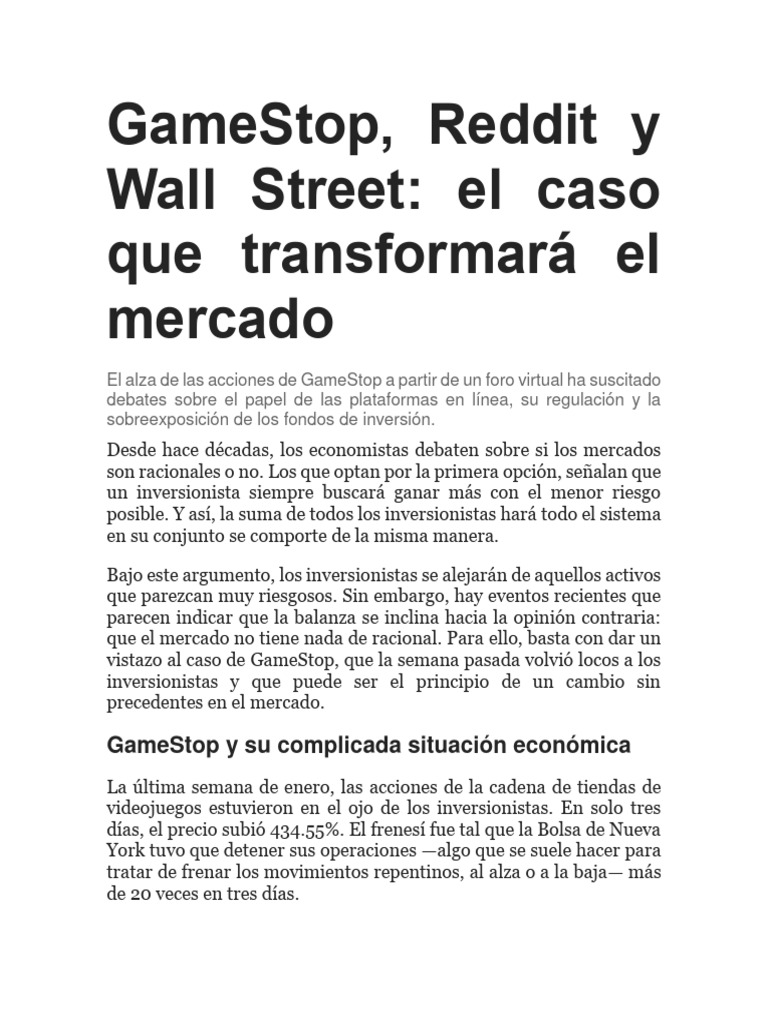 GameStop: Revolución en el Mercado Bursátil | PDF | Economias | Sector privado