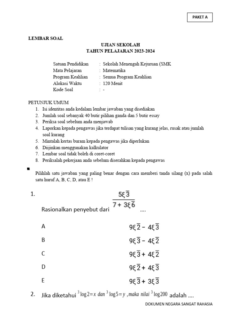 Soal Us Matematika Kelas Xii T.A 2023-2024 | PDF