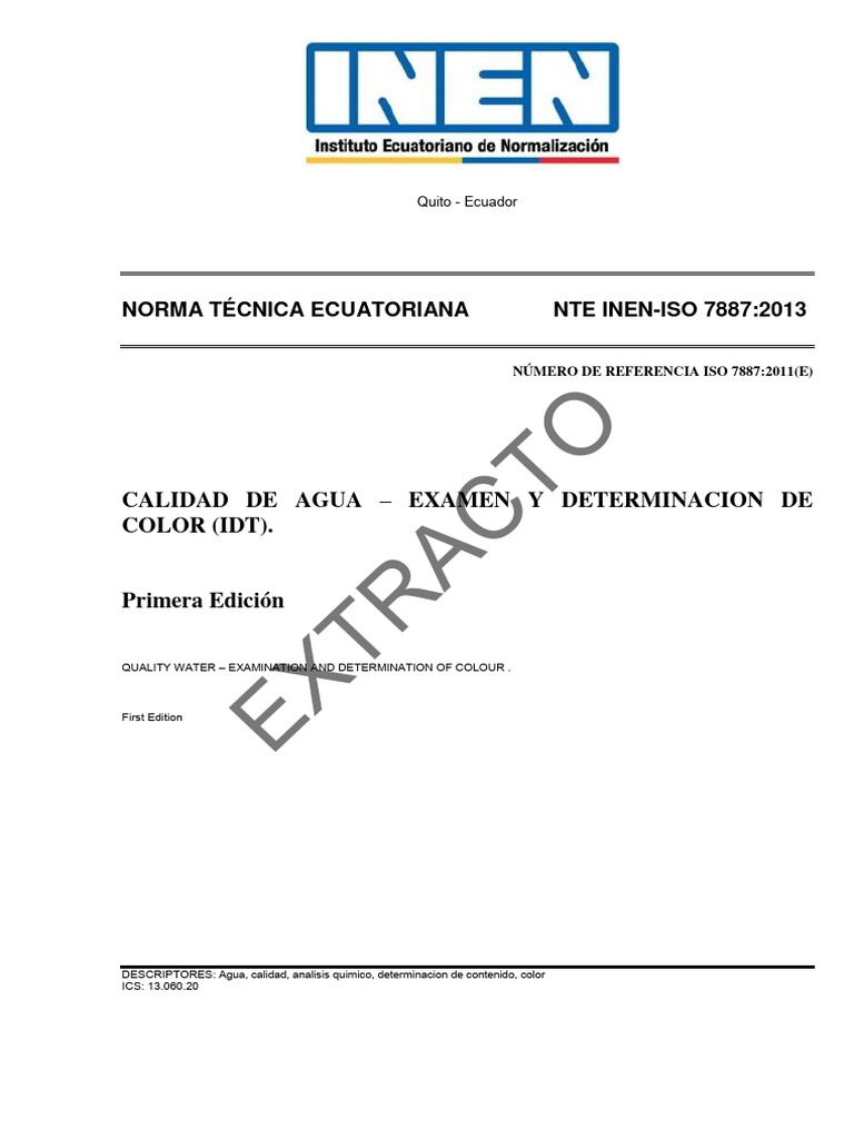 Nte - Inen - Iso - 7887-CALIDAD DE AGUA. EXAMEN Y DETERMINACIÓN DE COLOR (IDT) | PDF