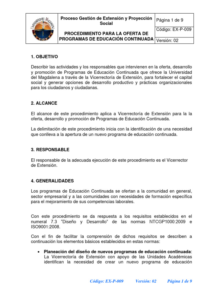 EX-P09 Procedimiento Oferta de Programas de Educación Continuada v2 | PDF | Diseño | Planificación