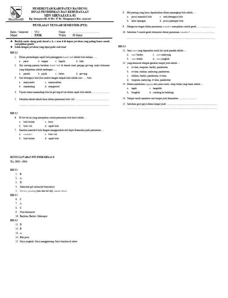 Soal PTS Ganjil Kelas 6 Pjok Ta. 2023-2024 | PDF