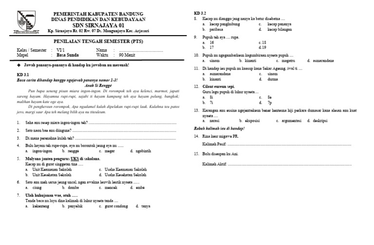 Soal PTS Ganjil Kelas 6 Basa Sunda Ta. 2023-2024 | PDF