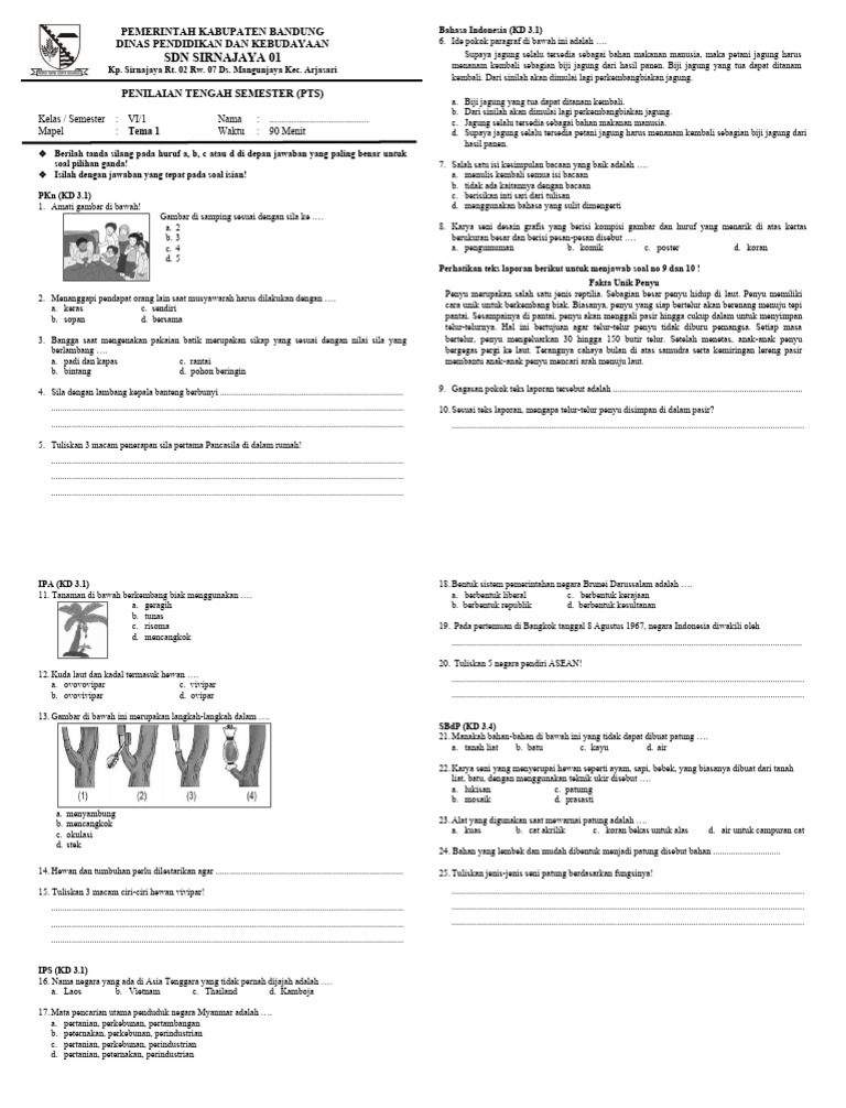 Soal PTS Ganjil Kelas 6 Tema 1 Ta. 2023-2024 | PDF